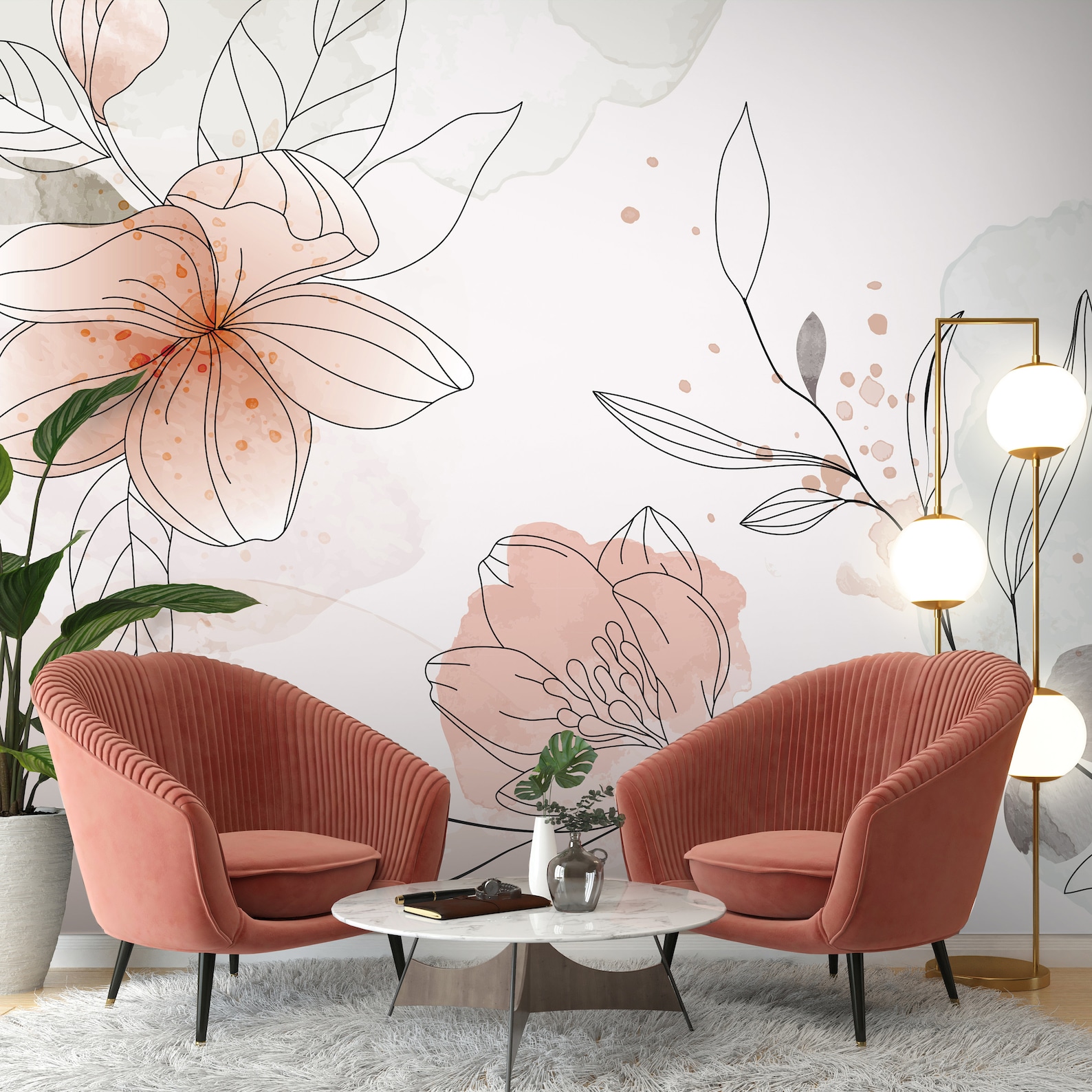 Line Art Large Flowers Removable Mural Wallpaper Watercolor - Etsy