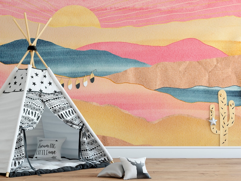 Abstract Boho Wall Mural Watercolor Colorful Mountains - Etsy