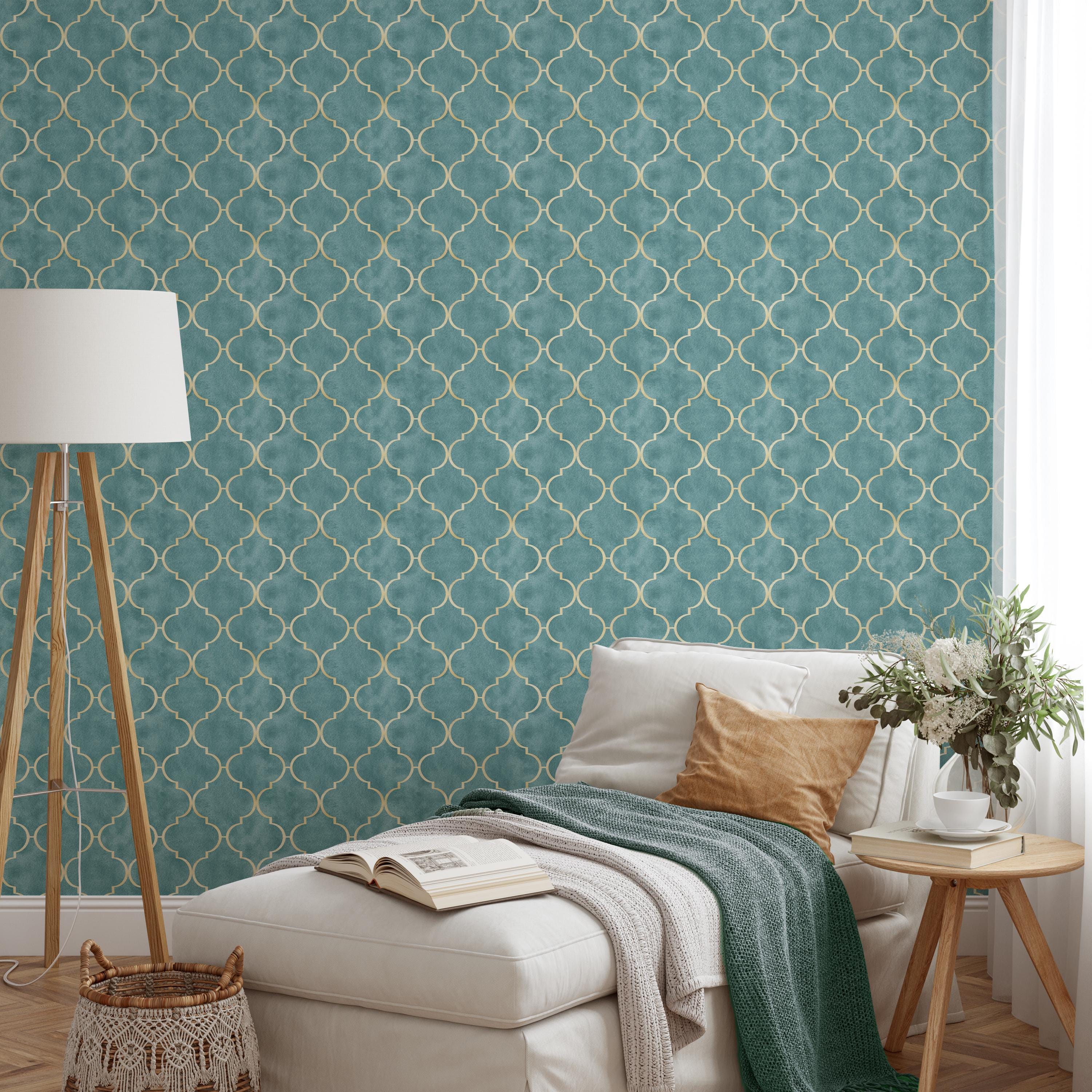 Art Deco Teal Moroccan Wallpaper - Turquoise Blue Faux Gold Luxury Wall ...