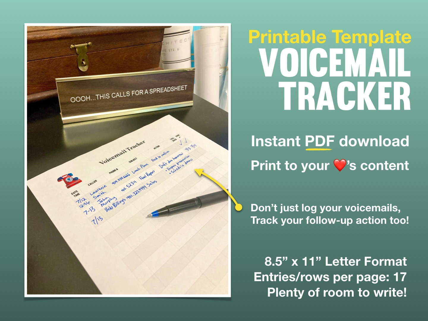 Printable Voicemail Log Template: Retro Simple Form (PDF & Apple Pages ...