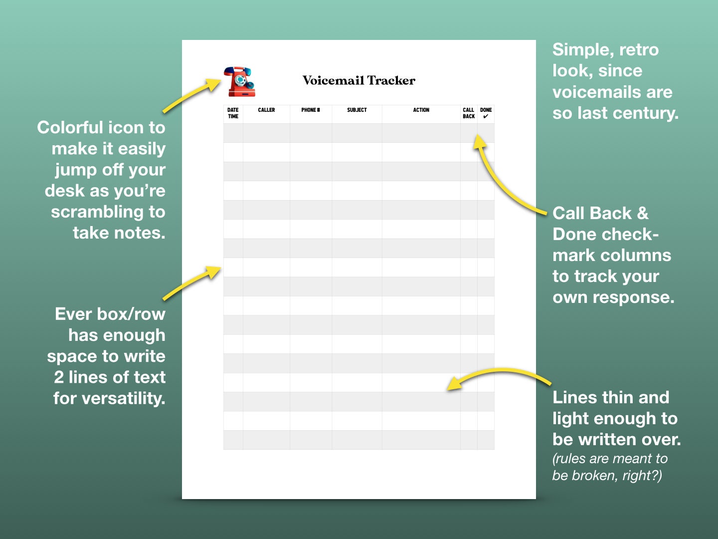 Printable Phone Call and Voicemail Log / Tracker Template, Retro ...