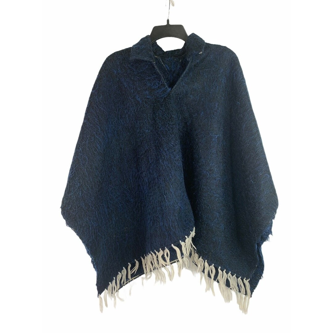 Vintage Poncho With Fringe Spanish Blue Alpaca Wool Boho Central South ...
