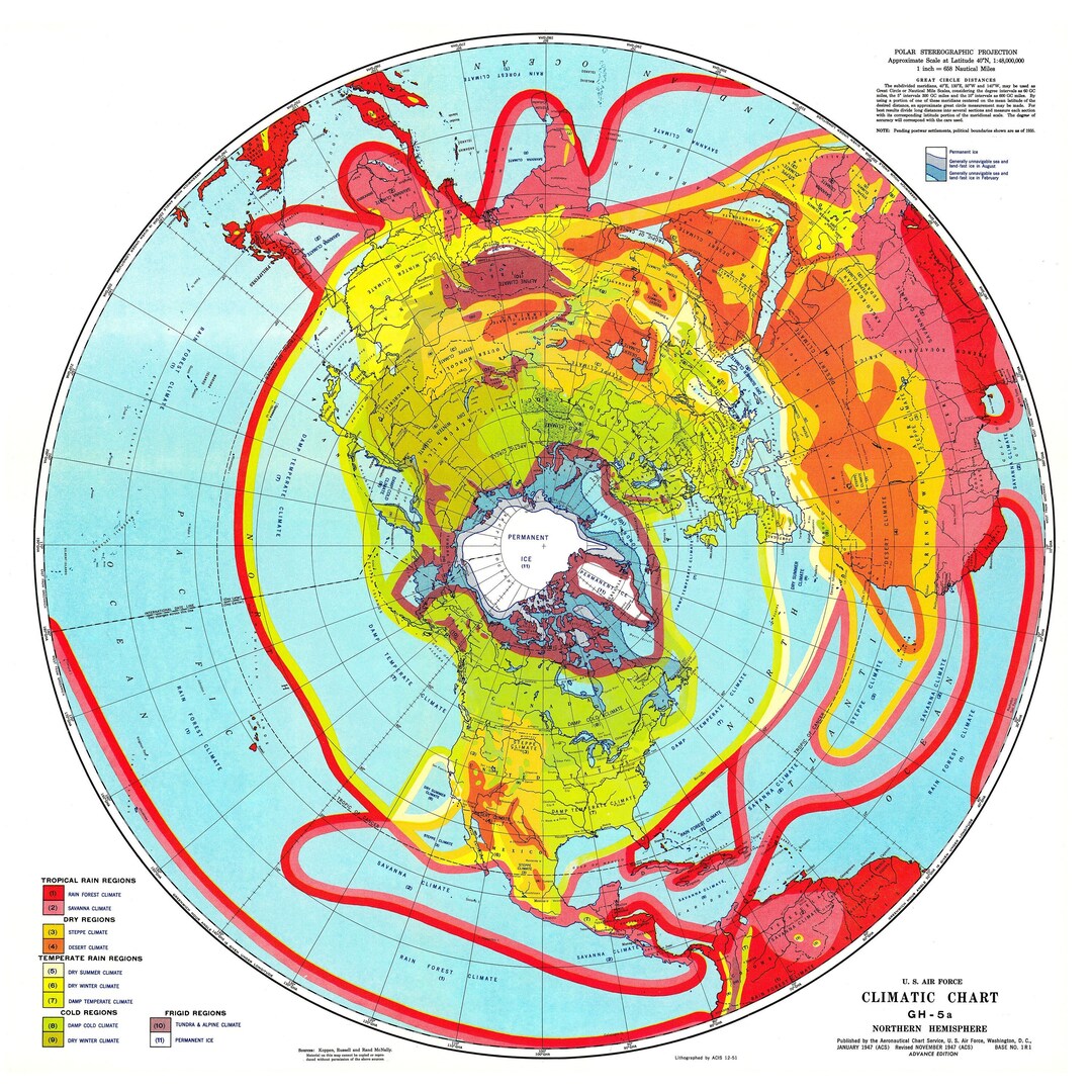 Mapa climático del hemisferio norte 1947 DESCARGA INSTANTÁNEA - Etsy México