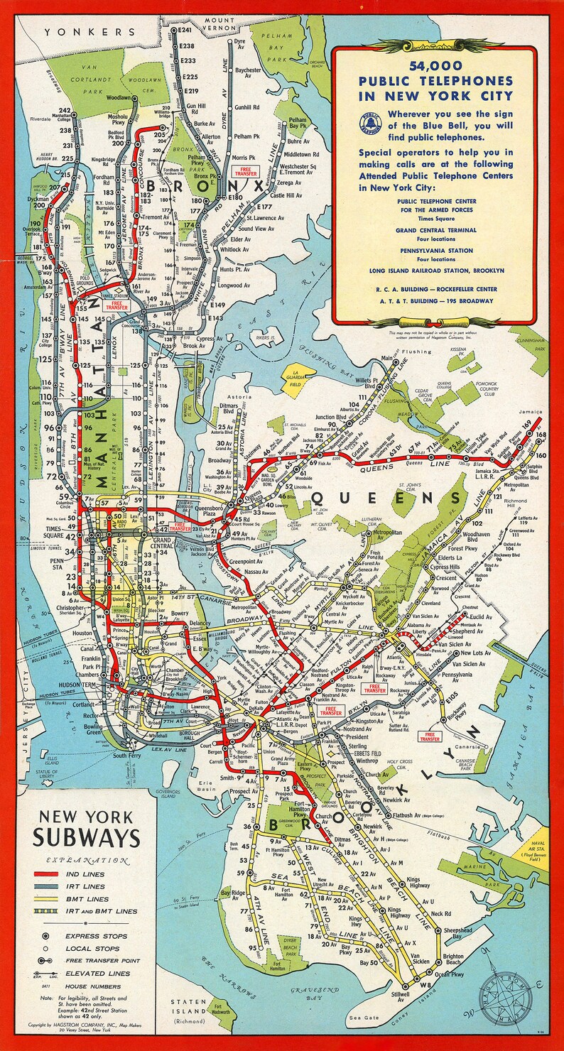 Vintage Map of New York Subway Lines and Stations 1951 INSTANT DOWNLOAD ...