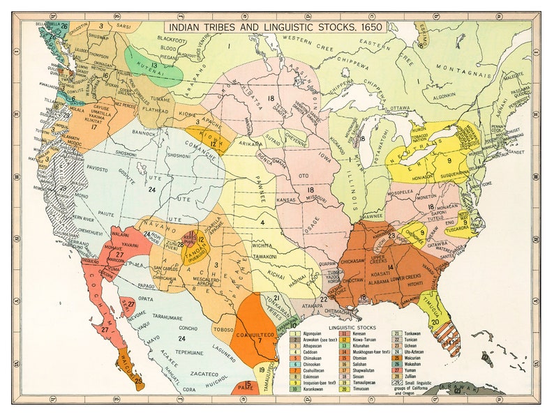 North American Indian Tribes and Linguistic Boundaries, 1650 Poster ...