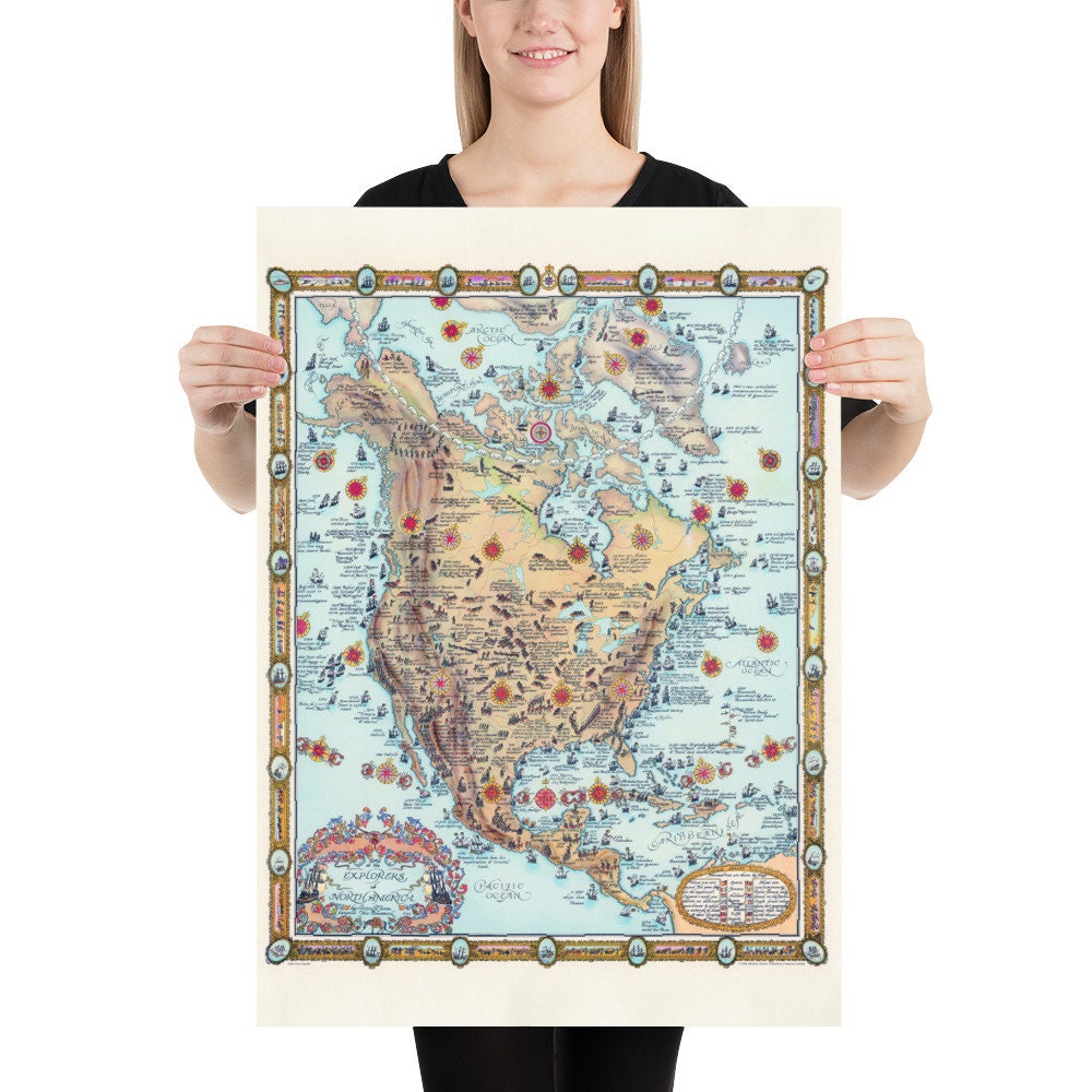 Map of North America Showcasing 500 Years of Exploration, Richly ...