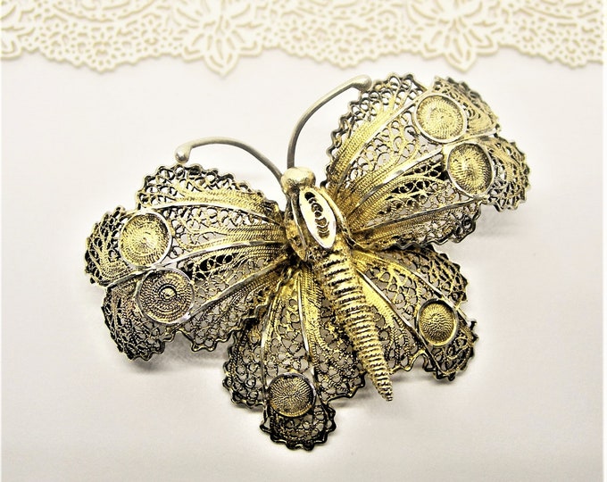 Vermeil FILIGREE BROOCH Golden BUTTERFLY Gold on Sterling Silver ...