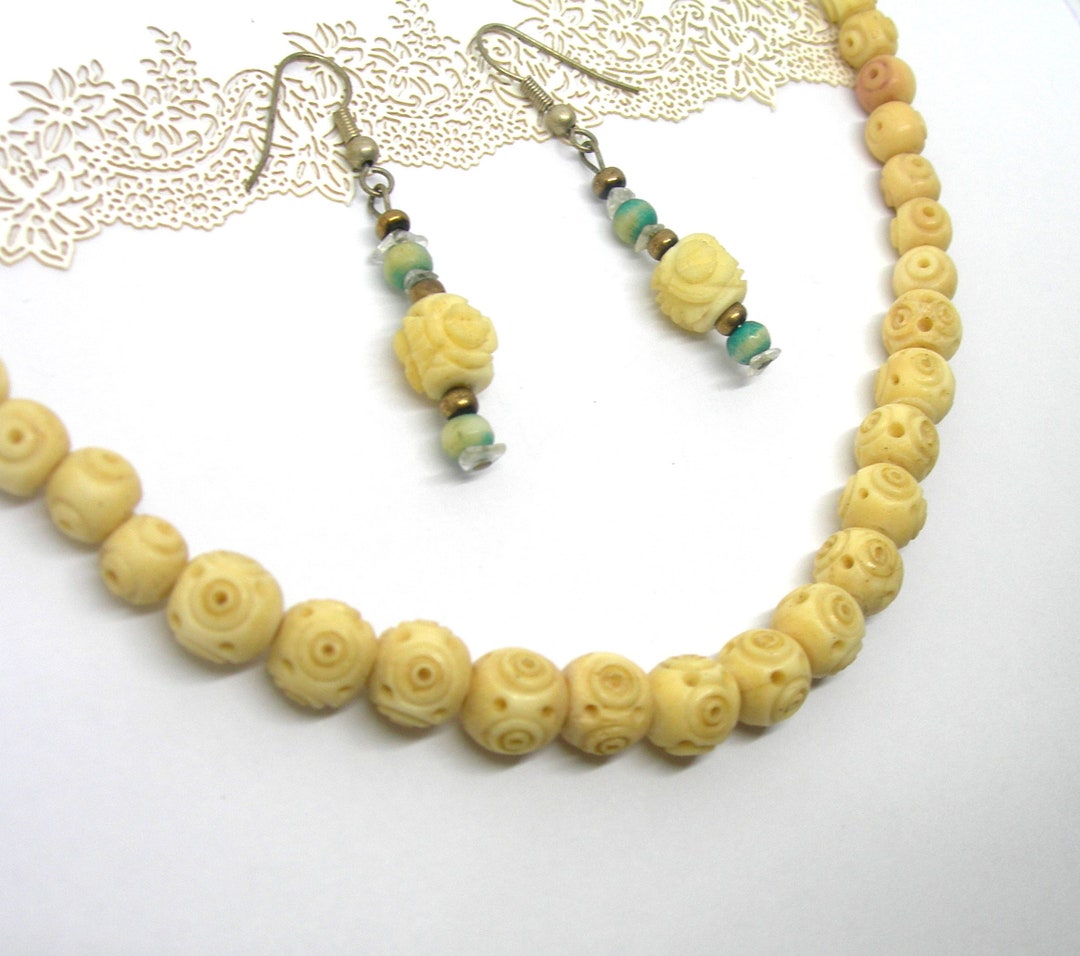 Art Deco Hand Carved Bone Necklace and Earrings Vintage Antique - Etsy