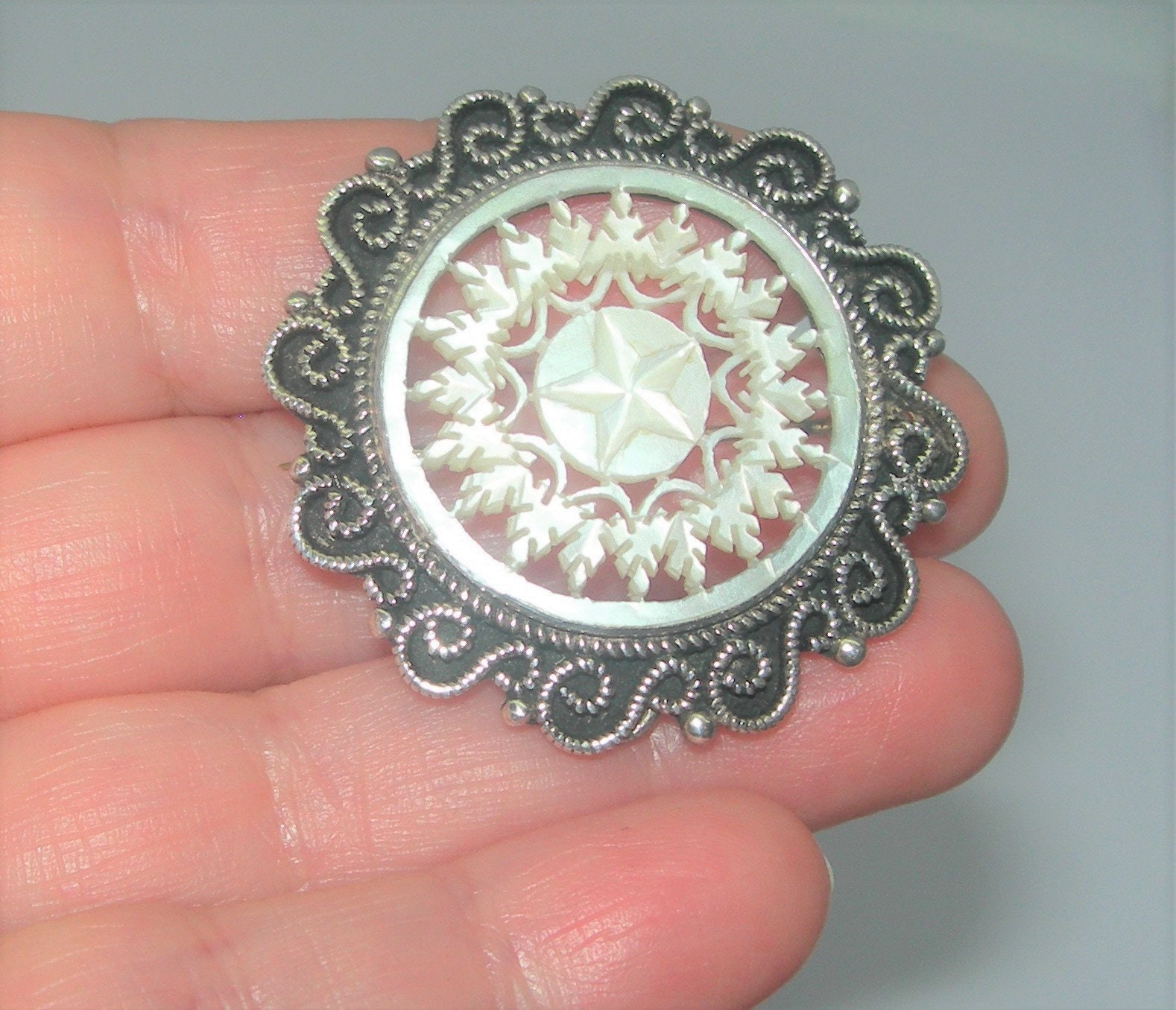 Silver Hand Carved Shell Brooch Pendant Vintage - Etsy UK