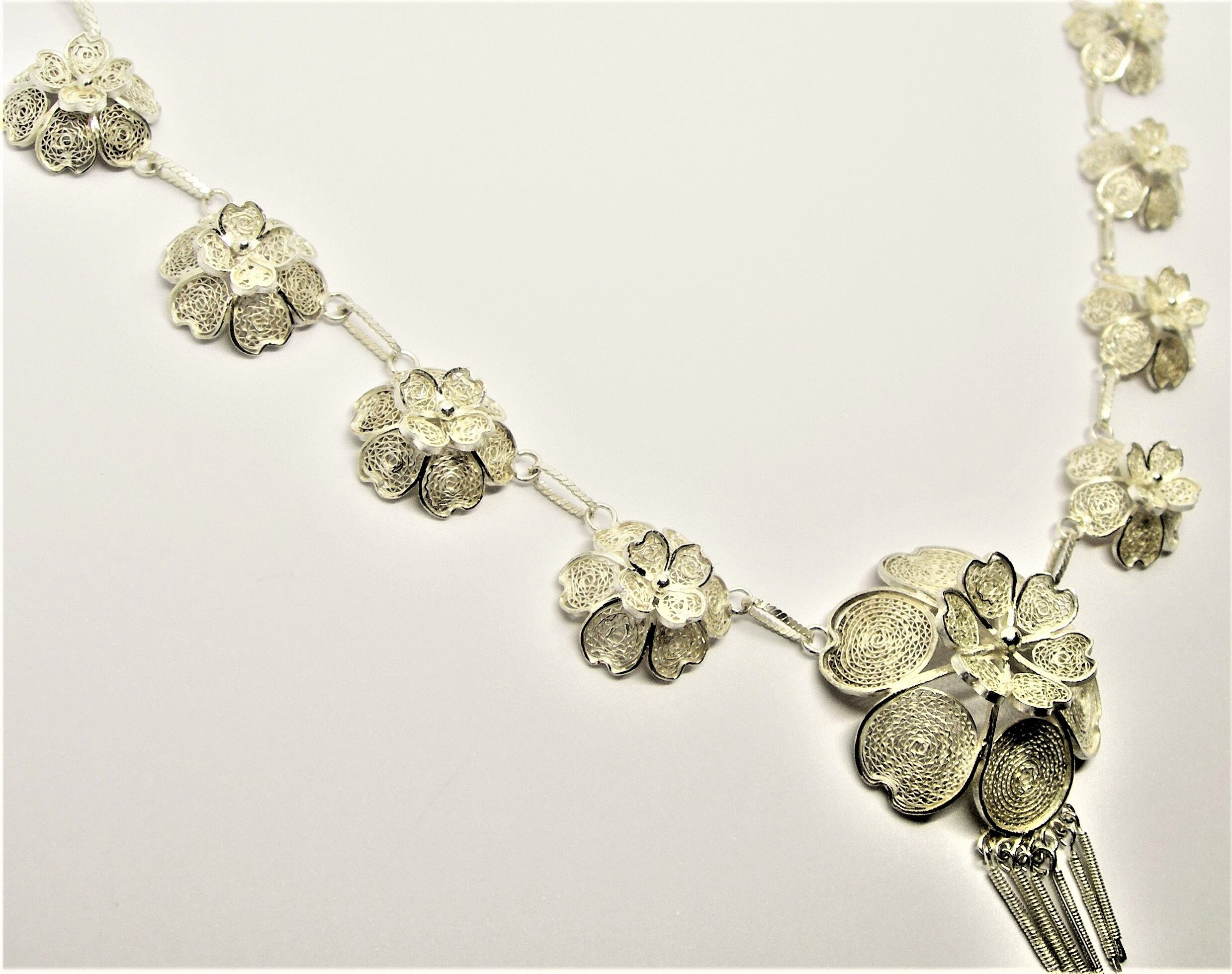 Sterling silver filigree necklace Flowers vintage | Etsy