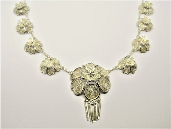 Sterling silver filigree necklace Flowers vintage | Etsy