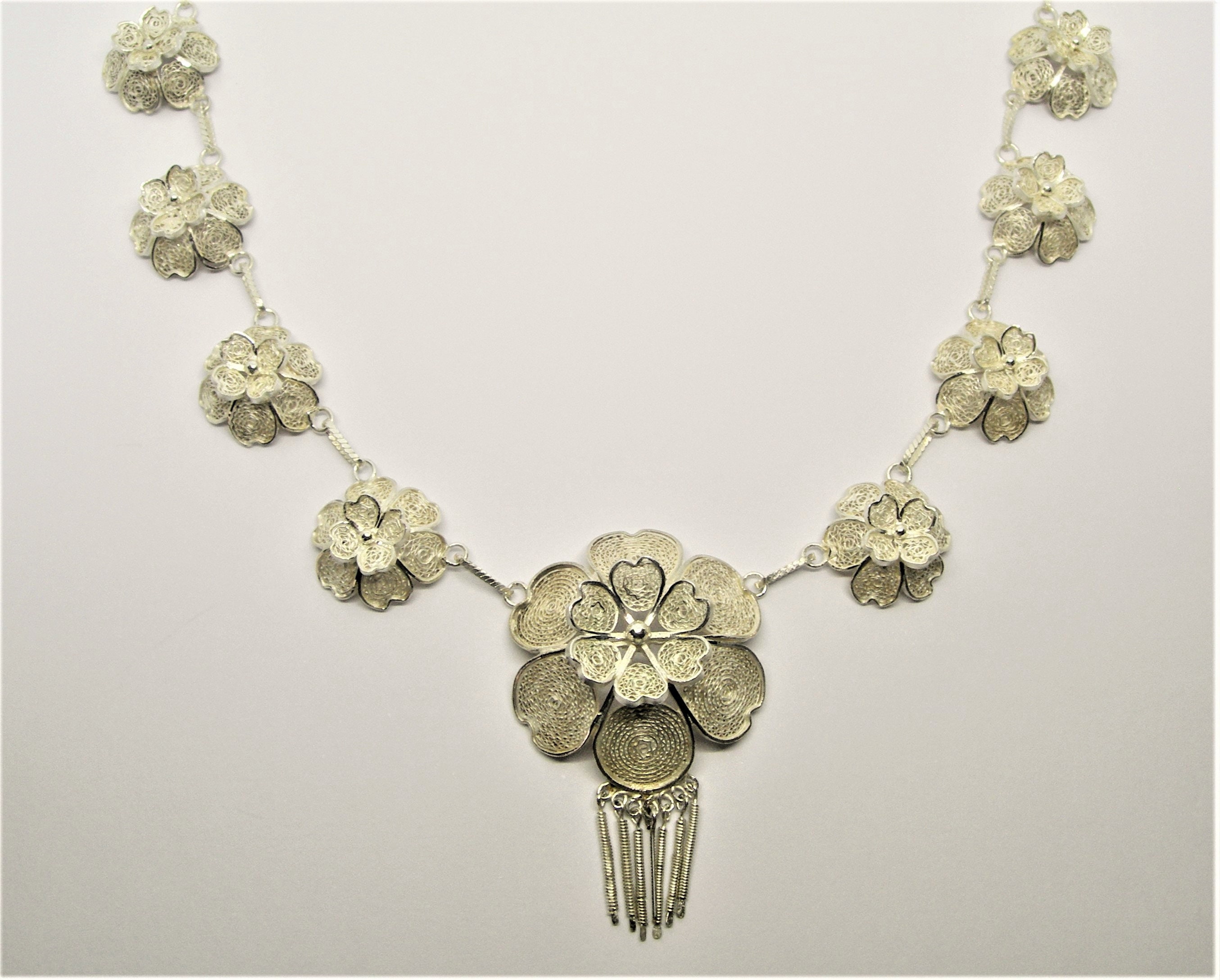 Sterling silver filigree necklace Flowers vintage | Etsy