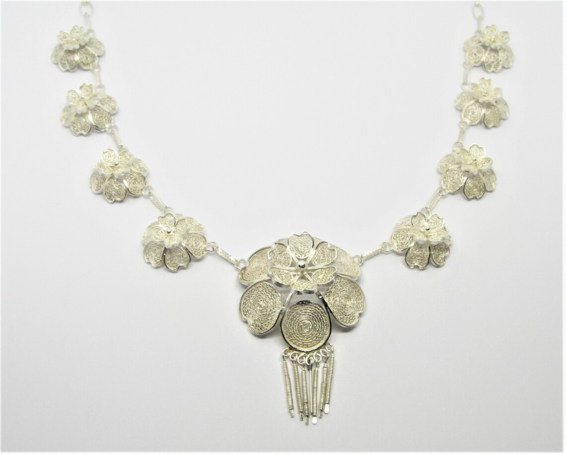 Sterling silver filigree necklace Flowers vintage | Etsy