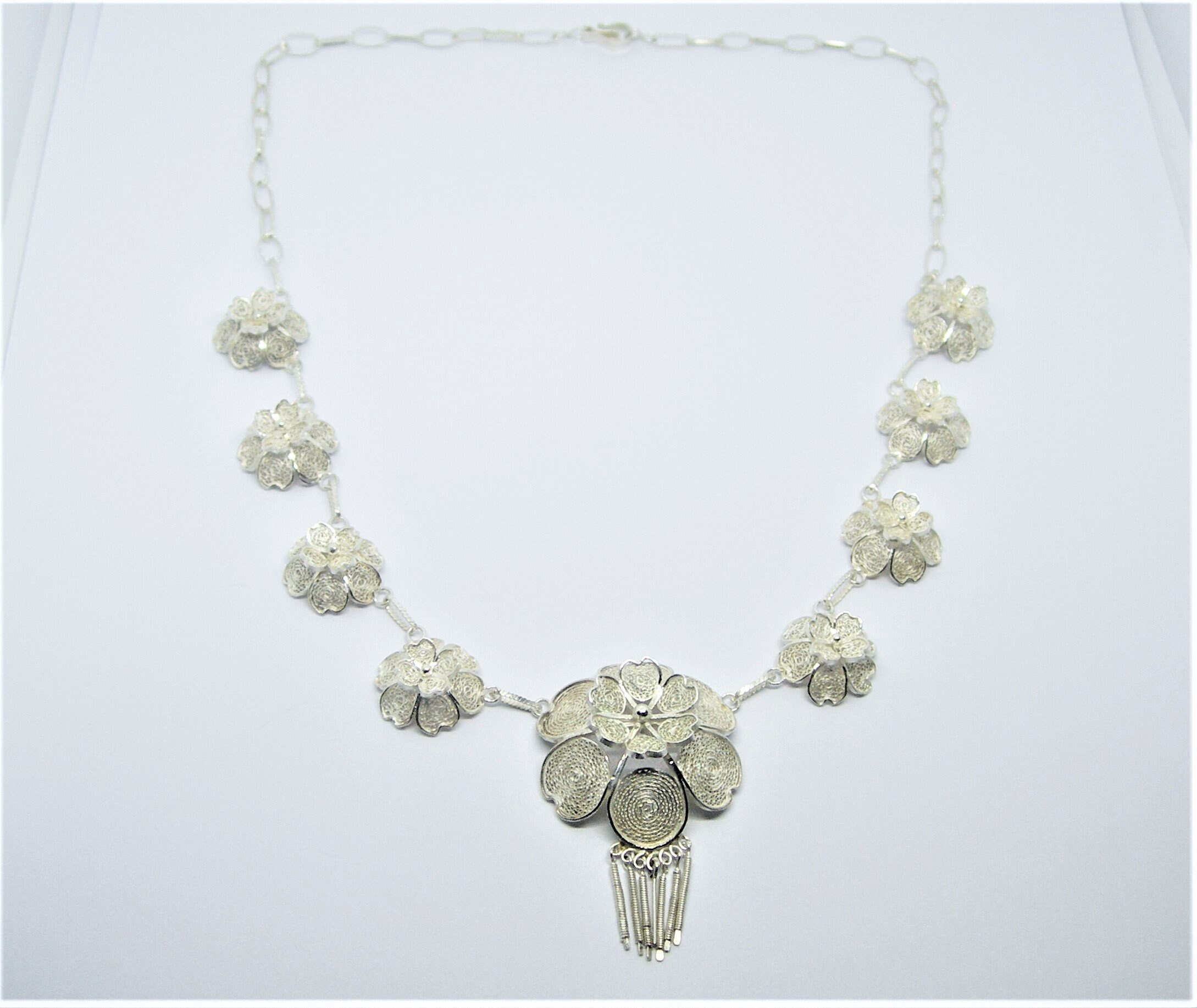 Sterling silver filigree necklace Flowers vintage | Etsy