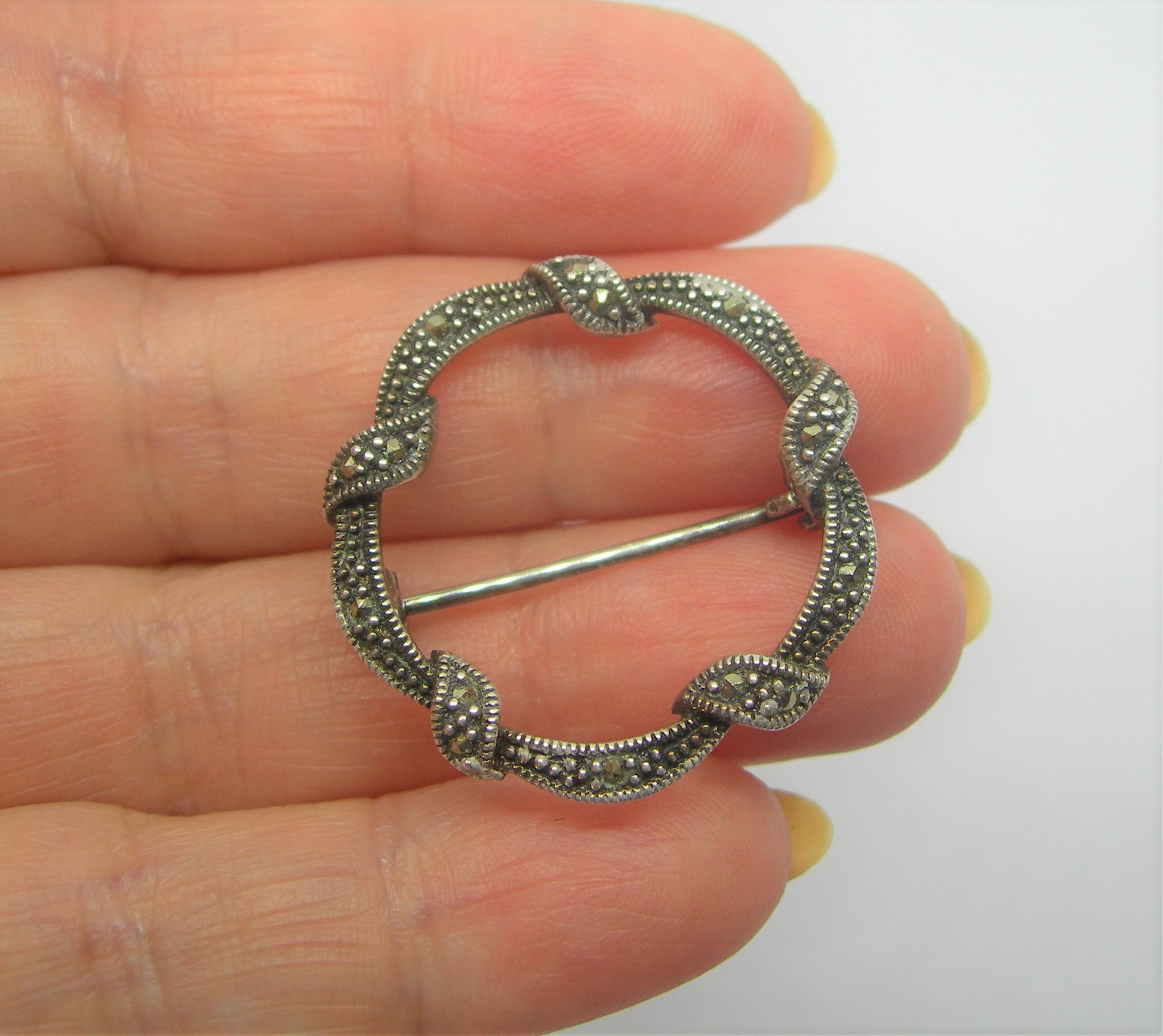 Silver round brooch with marcasite vintage | Etsy