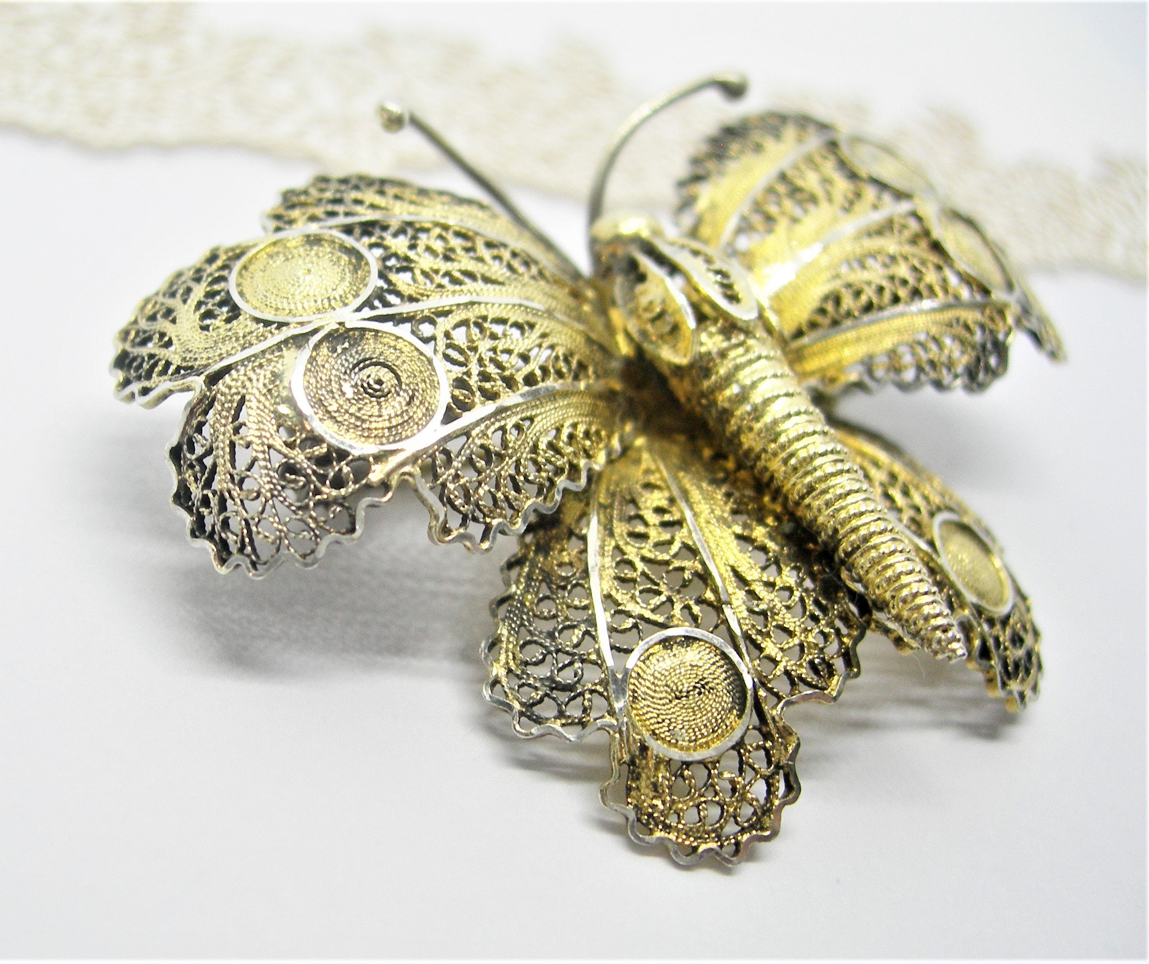 Vermeil FILIGREE BROOCH Golden BUTTERFLY Gold on Sterling Silver ...