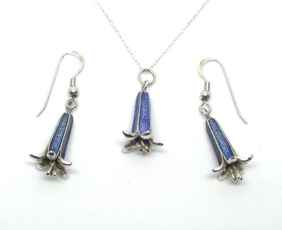 BLUE BELLS STERLING Silver Jewellery Set Pendant Necklace and Earrings ...