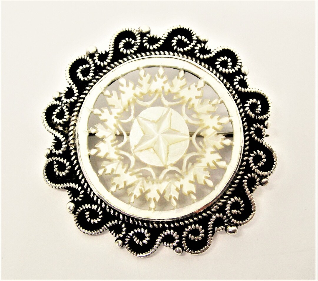 Silver Hand Carved Shell Brooch Pendant Vintage - Etsy UK
