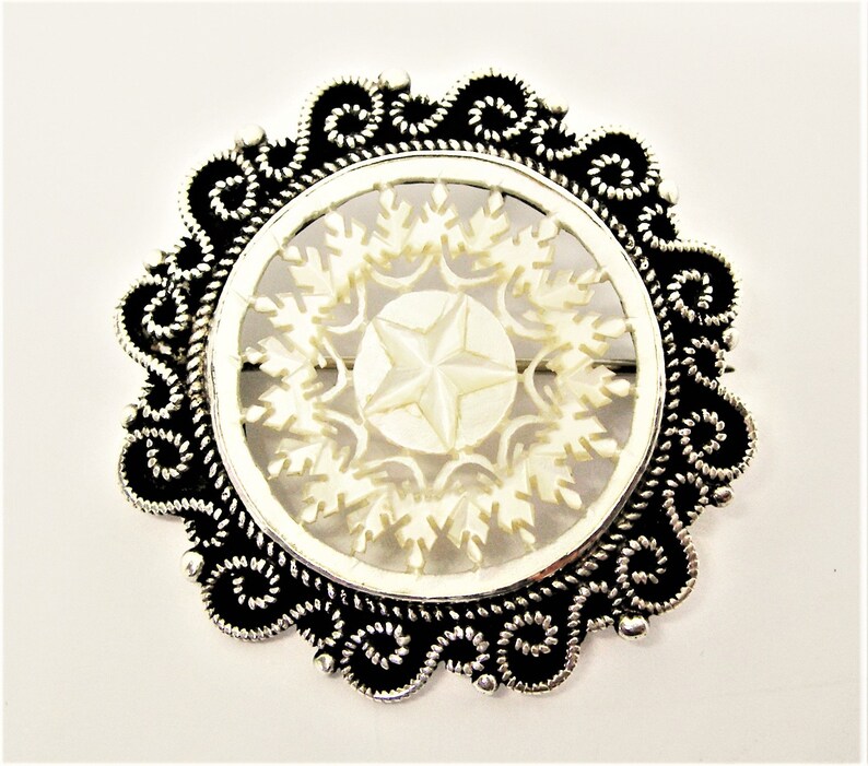 Silver Hand Carved Shell Brooch Pendant Vintage - Etsy UK