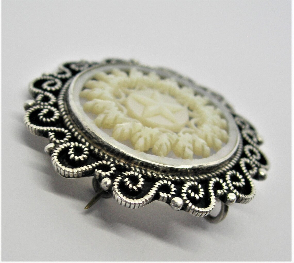 Silver Hand Carved Shell Brooch Pendant Vintage - Etsy UK