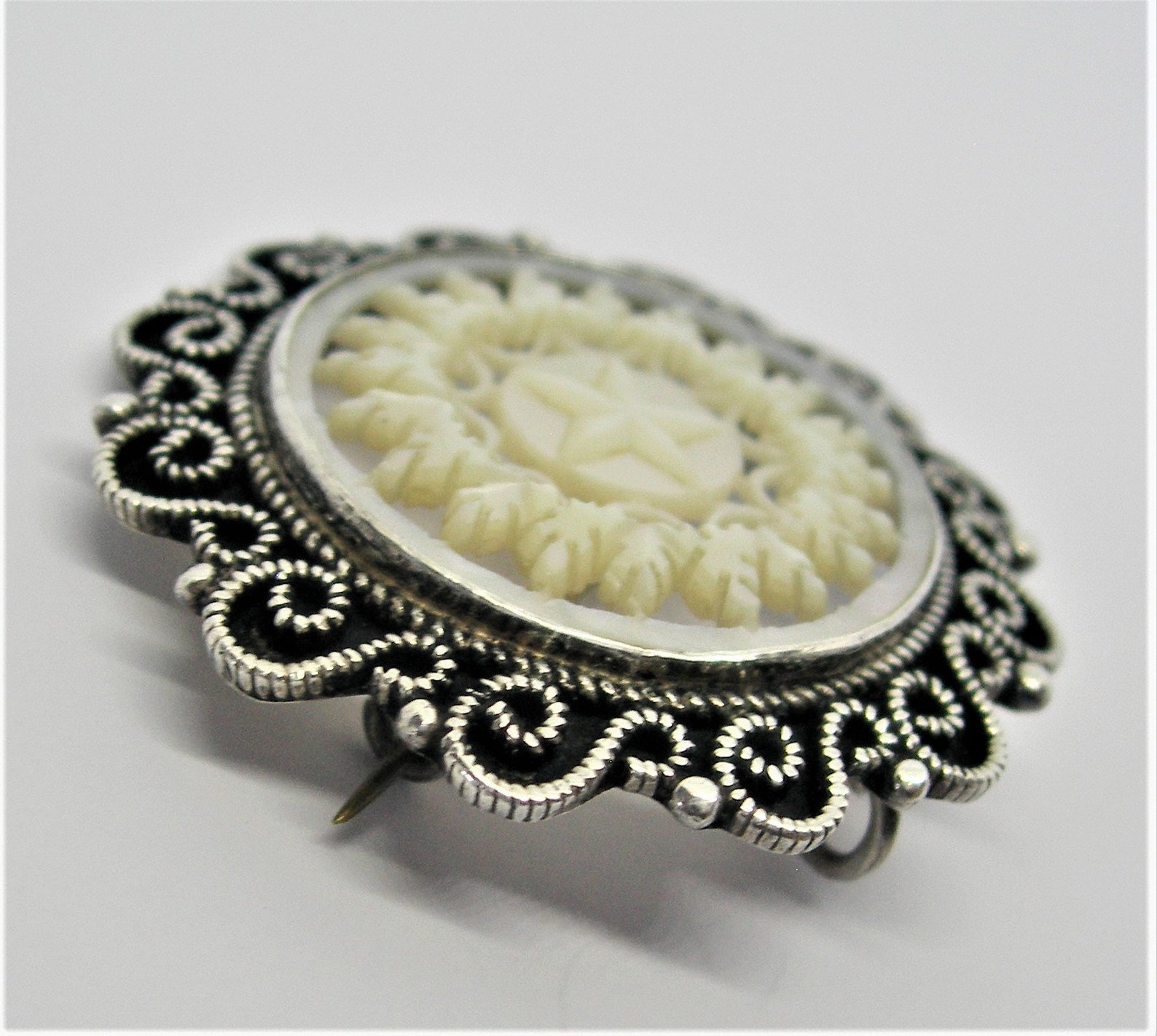 Silver Hand Carved Shell Brooch Pendant Vintage - Etsy UK