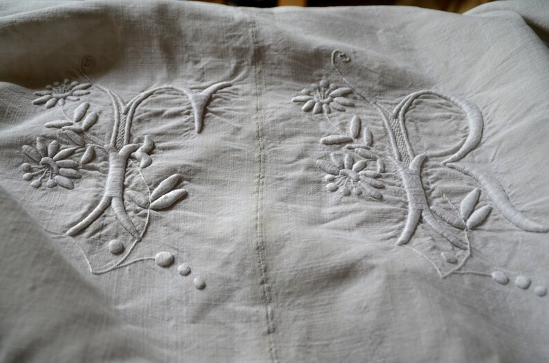 Antique French Pure Linen Dowry/trousseau Sheet, Large Hand Embroidered ...