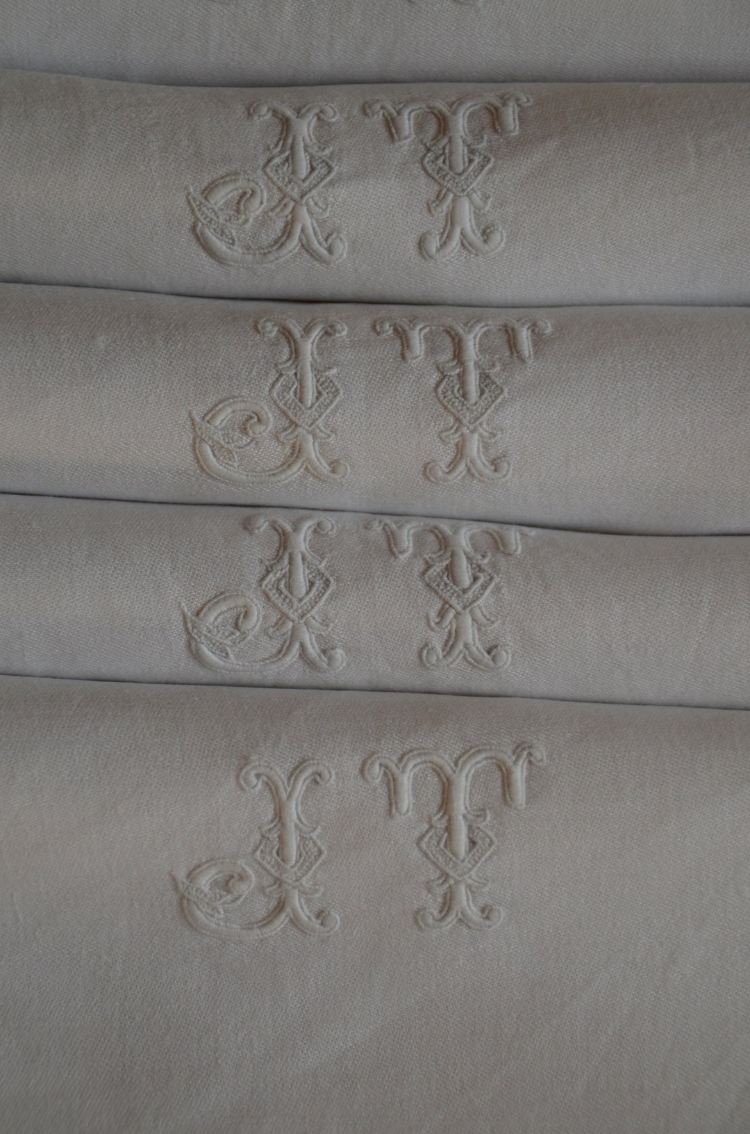 4 Antique French JT Hand Embroidered Monogrammed Dinner Napkins, Pure ...