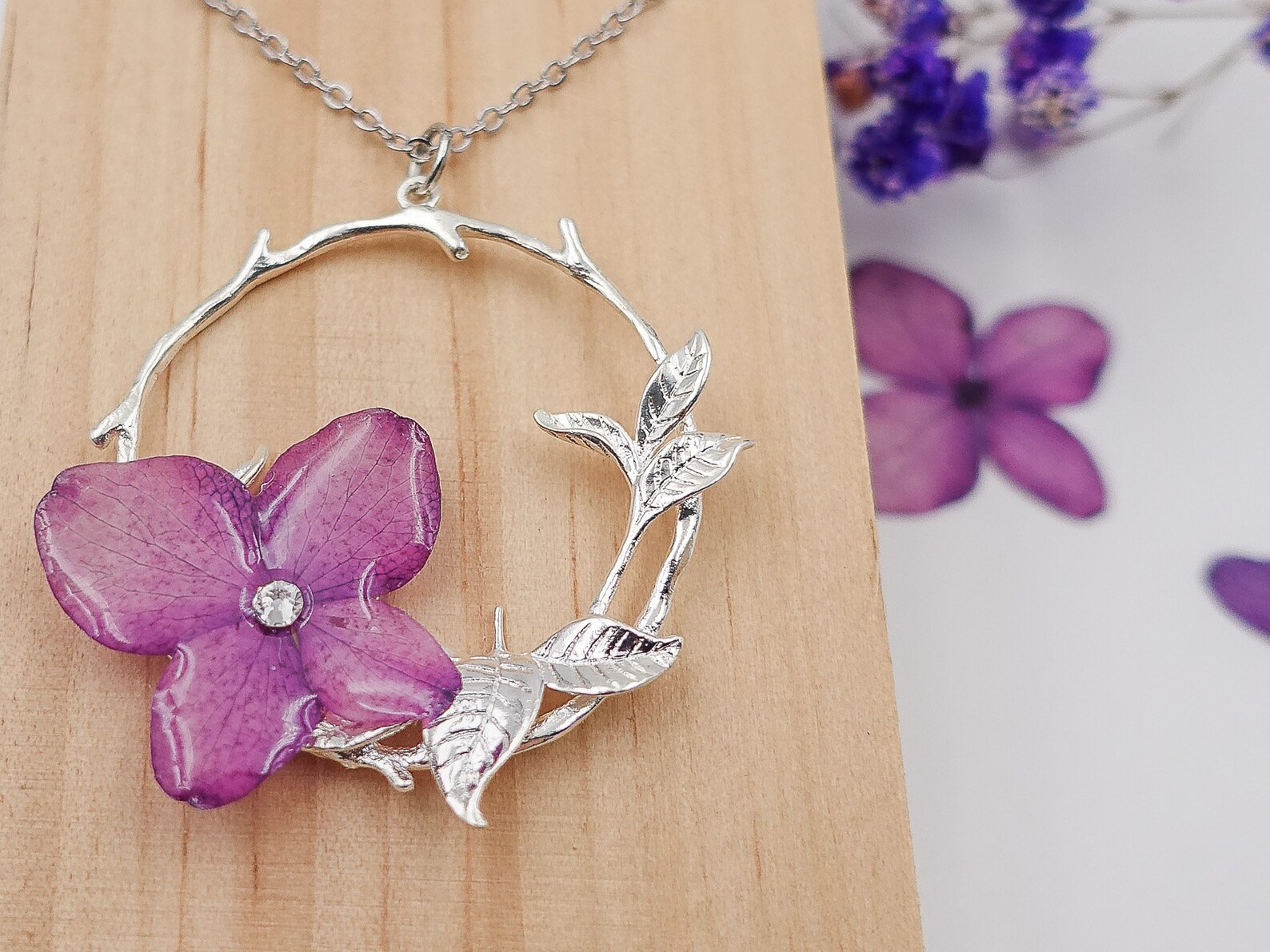 Real Purple Hydrangea Necklace/pressed Flower Pendant/sterling Silver ...