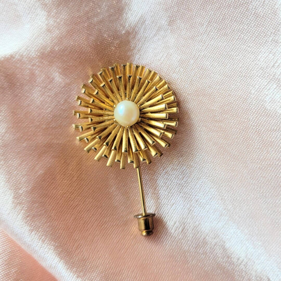 Mid Century Stick Pin, Atomic Sun Burst or Flower, With Faux Pearl ...