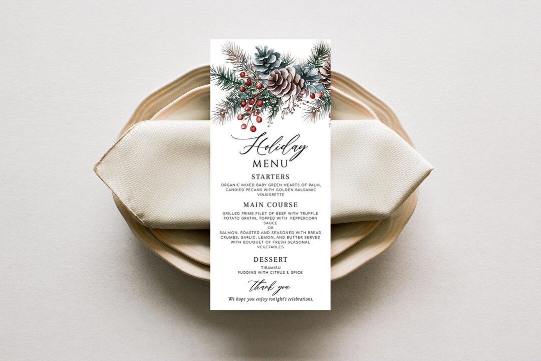 Christmas Party Menu, Winter Forest Menu, Holiday Dinner Party Menu ...