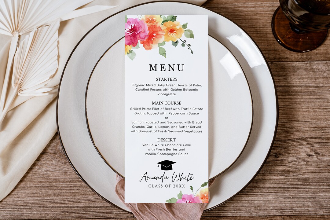 Graduation Party Menu Template, SARAI Orange Pink Food Menu, Spring ...