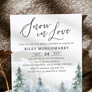 Snow in Love Bridal Shower Invitation Template, Winter Pine Trees ...