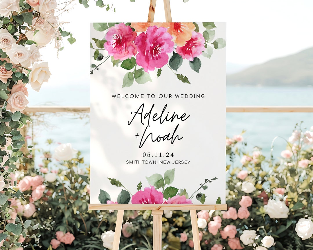 Pink Floral Wedding Welcome Sign Template, Bright Hot Pink Spring ...
