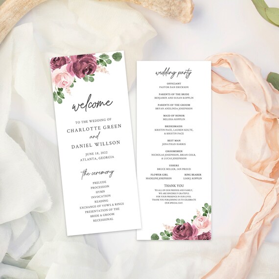 Pink Floral Wedding Program Template Summer Dusty Rose - Etsy