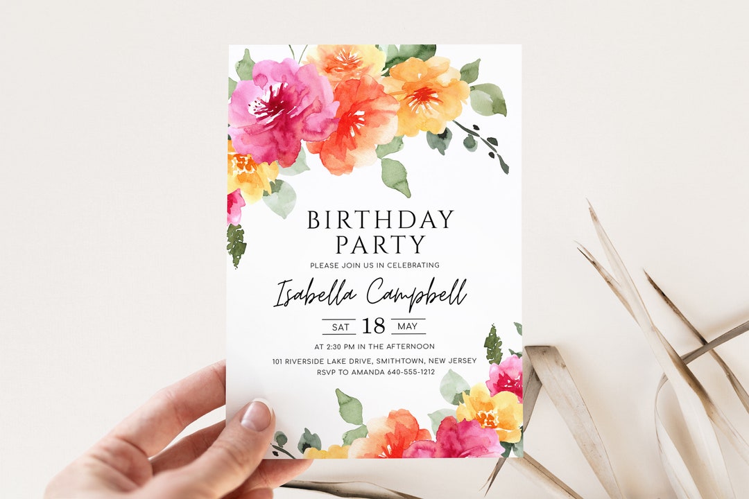 Peach Pink Yellow Floral Birthday Party Invitation, Colorful Spring ...