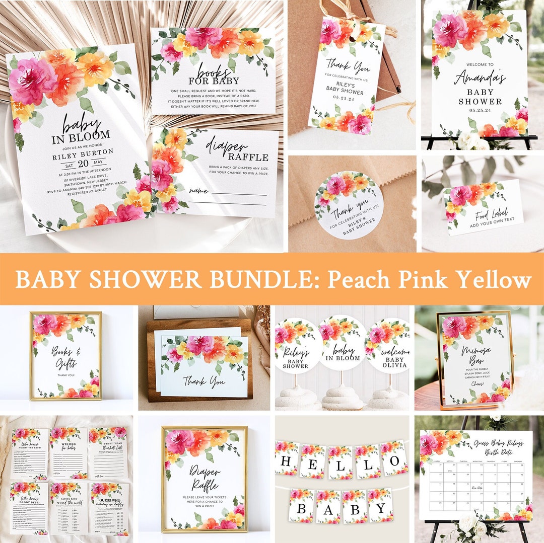 SARAI Peach Pink Yellow Floral Baby Shower Invitation Bundle, Printable ...