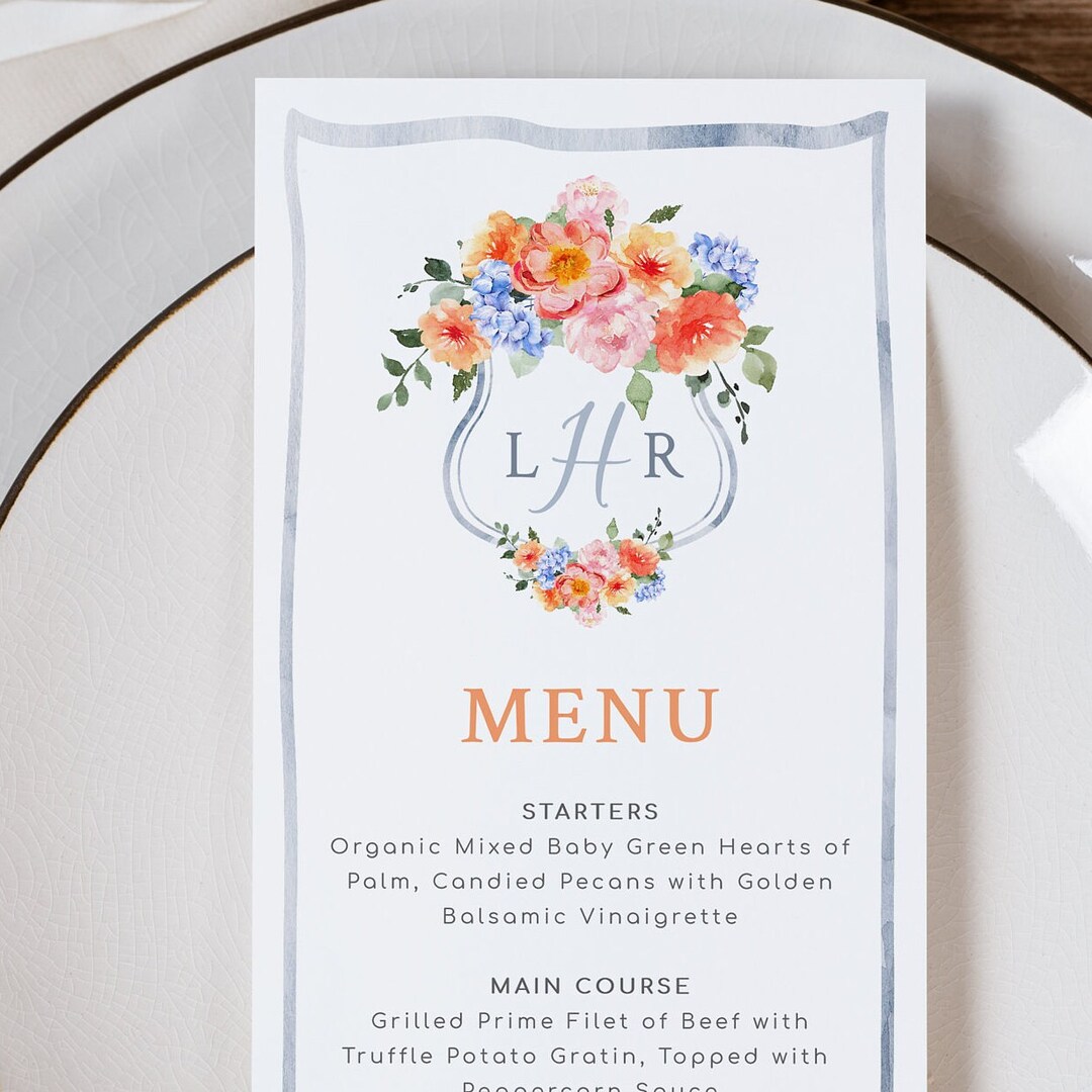 Floral Monogram Grest Garden Floral Menu, Blue Pink Peach Floral ...