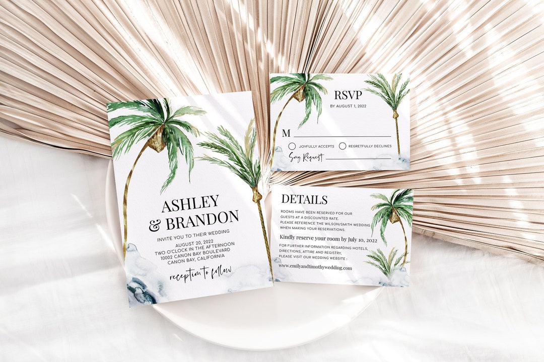 Palm Tree Wedding Invitation Template, Printable Tropical Wedding ...