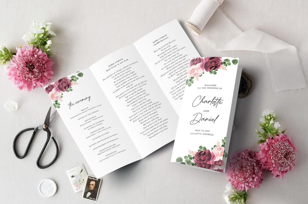 Dusty Pink Floral Program Booklets, Trifold Wedding Program, Tri-fold ...