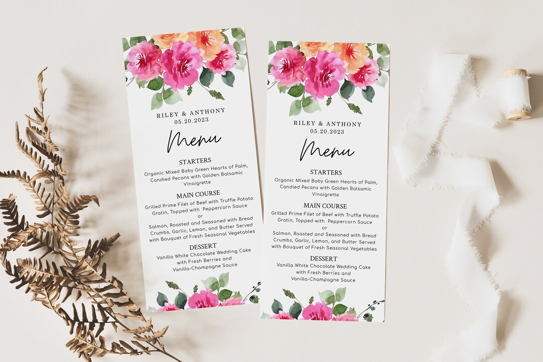 SLOAN Bright Pink Peach Roses Menu Template, Spring Floral Colorful ...