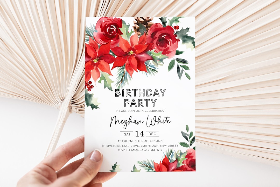 Christmas Red Floral Birthday Party Invitation, Boho Burgundy Winter ...