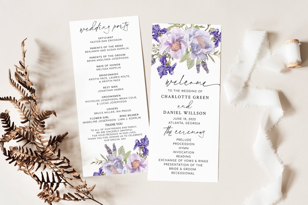 Purple Wedding Program Ceremony Template, Floral Wedding or Shower ...