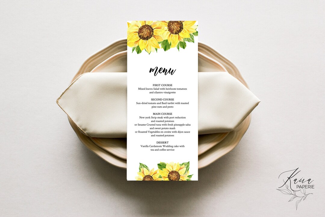 Sunflowers Menu Template, Printable Wedding Menu, DIY Editable, Instant ...