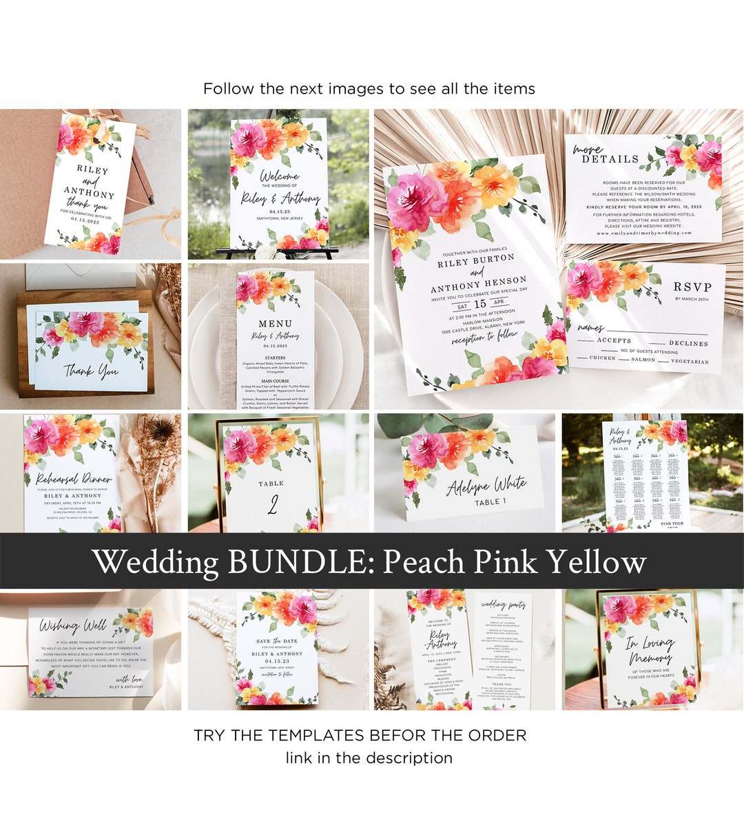 SARAI Peach Pink Yellow Floral Wedding Bundle, Printable Colorful ...