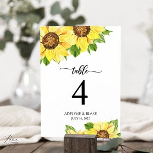 Sunflowers Table Numbers Template, Printable Table Decorations, Wedding ...
