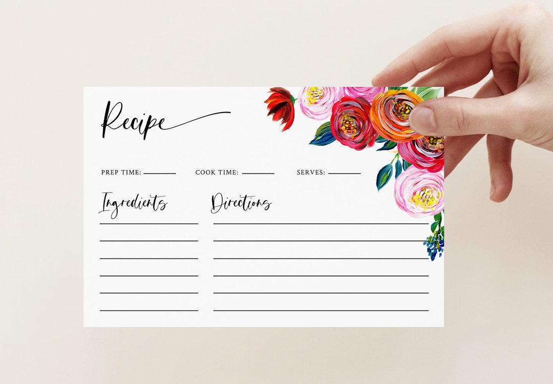 COLORFUL Bright Floral Recipe Card Template, Summer Acrylic Bridal ...