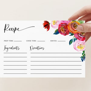 COLORFUL Bright Floral Recipe Card Template, Summer Acrylic Bridal ...