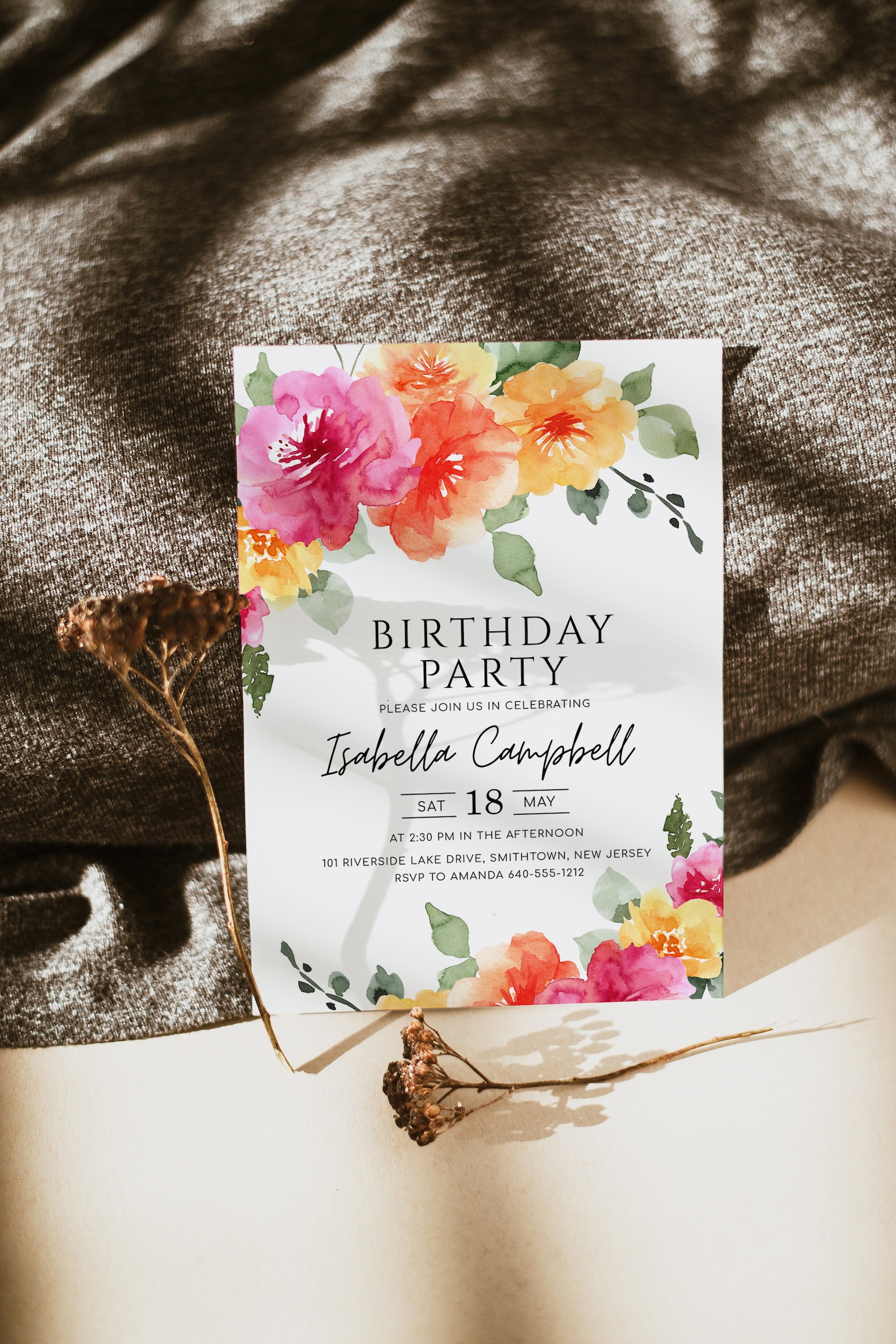 Peach Pink Yellow Floral Birthday Party Invitation, Colorful Spring ...