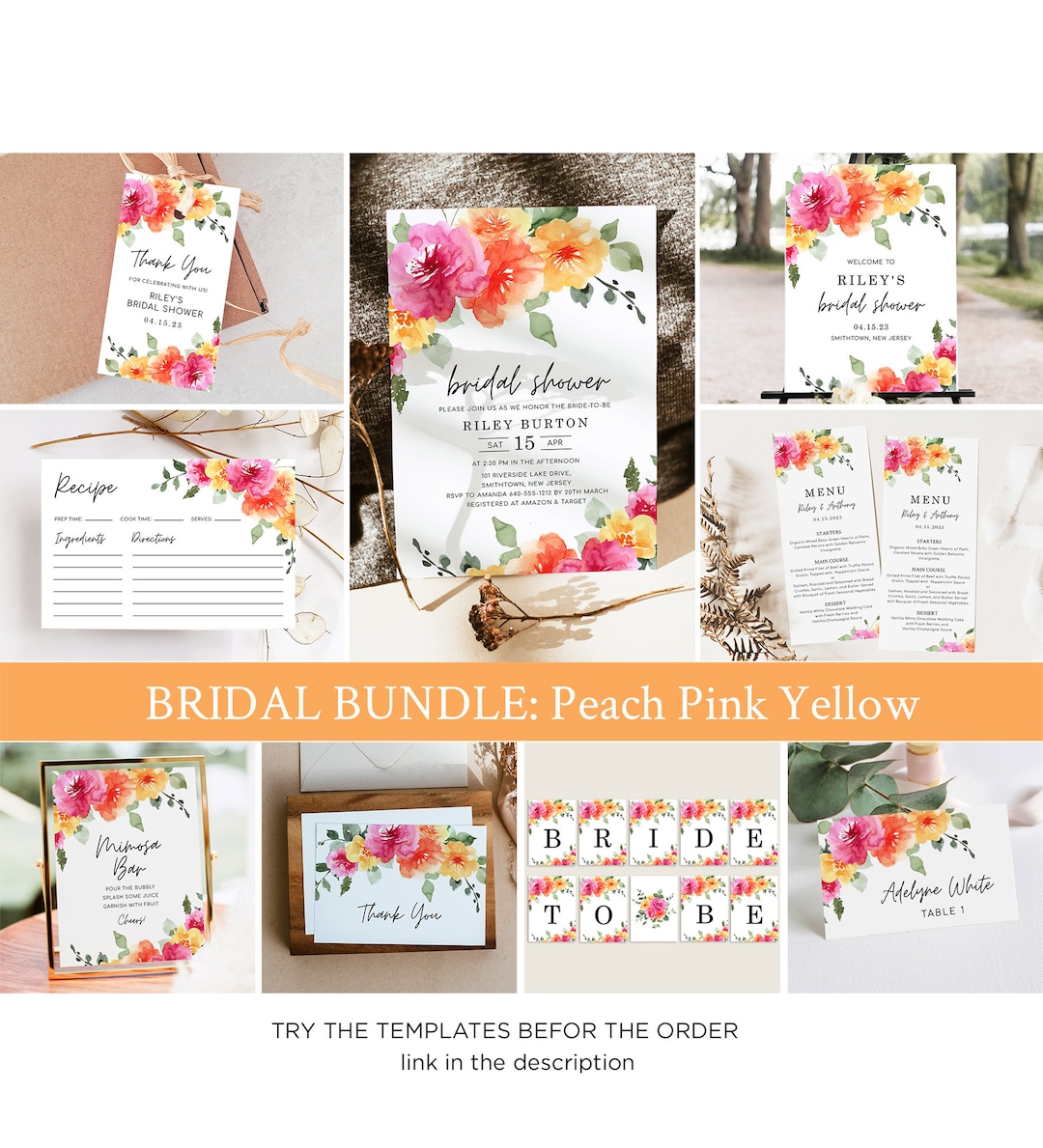 SARAI Peach Pink Yellow Floral Bridal Shower Invitation Bundle ...