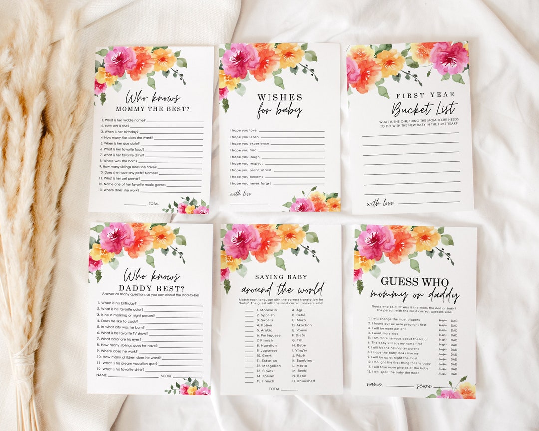 SARAI Peach Pink Yellow Floral Baby Shower Games 17 Printable, Colorful ...